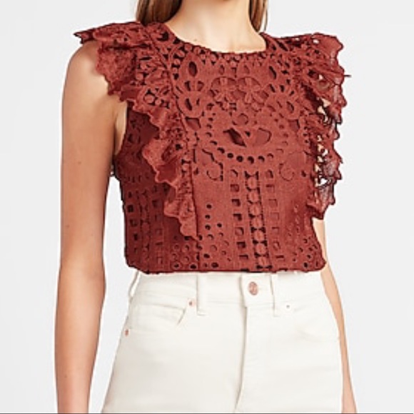 Express | Tops | Nwt Express Burgundy Lace Ruffle Topblouse | Poshmark